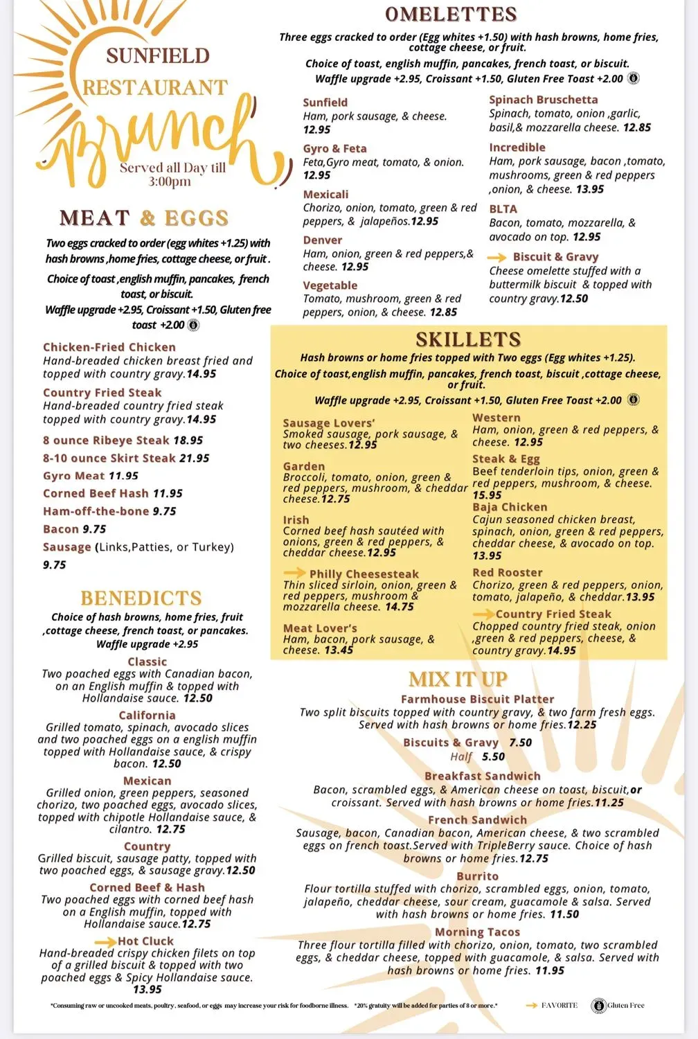 Sunfield Restaurant Menu - Updated November 2025