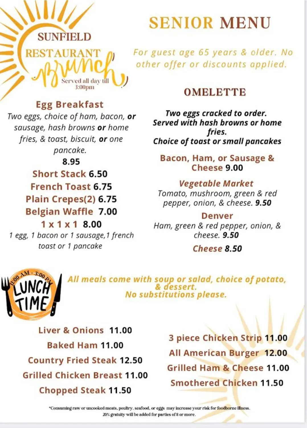 Sunfield Restaurant Menu - Updated November 2025