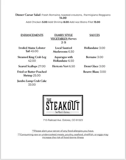 The Steakout Menu | Dolores, CO | Checkle