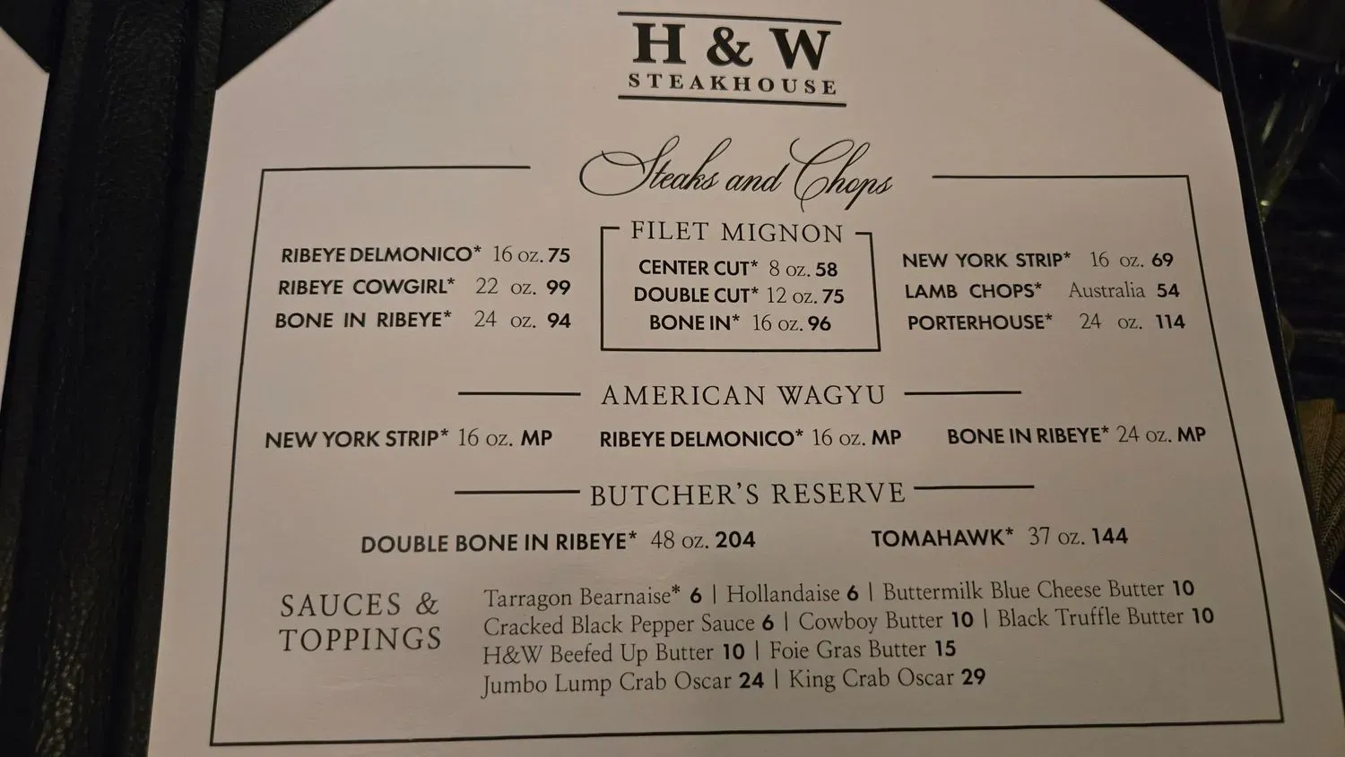 H&W Steakhouse Menu - Updated September 2025