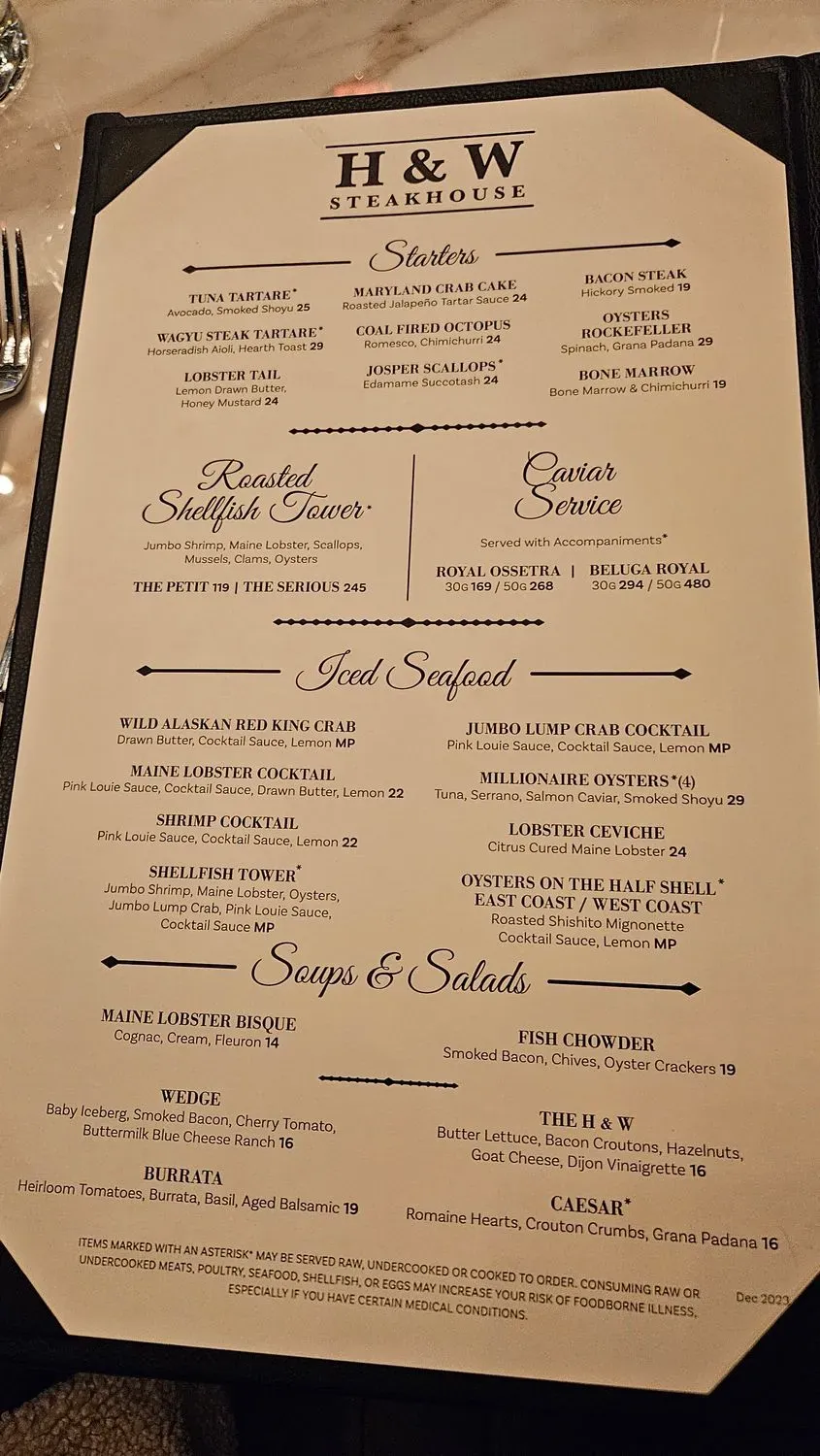 H&W Steakhouse Menu - Updated September 2025
