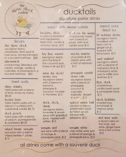The Tipsy Duck Parlor Menu | St. Augustine, FL | Checkle