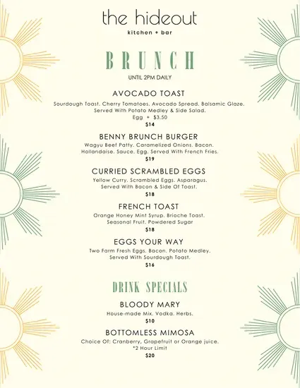 The Hideout Kitchen + Bar Menu | Palm Desert, CA | Checkle