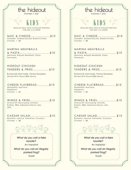 The Hideout Kitchen + Bar Menu | Palm Desert, CA | Checkle