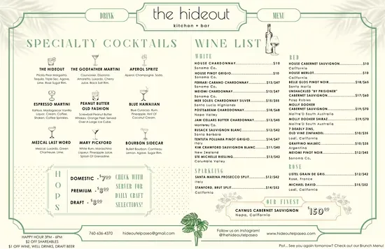 The Hideout Kitchen + Bar Menu | Palm Desert, CA | Checkle