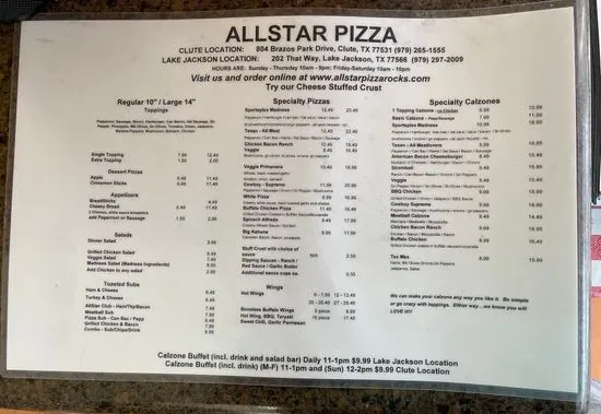 All Star Pizza Menu | Lake Jackson, TX | Checkle