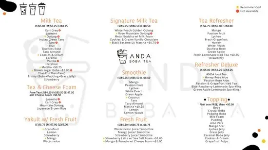 Anda Boba Tea & Zensen Sushi Menu | Queens, NY | Checkle