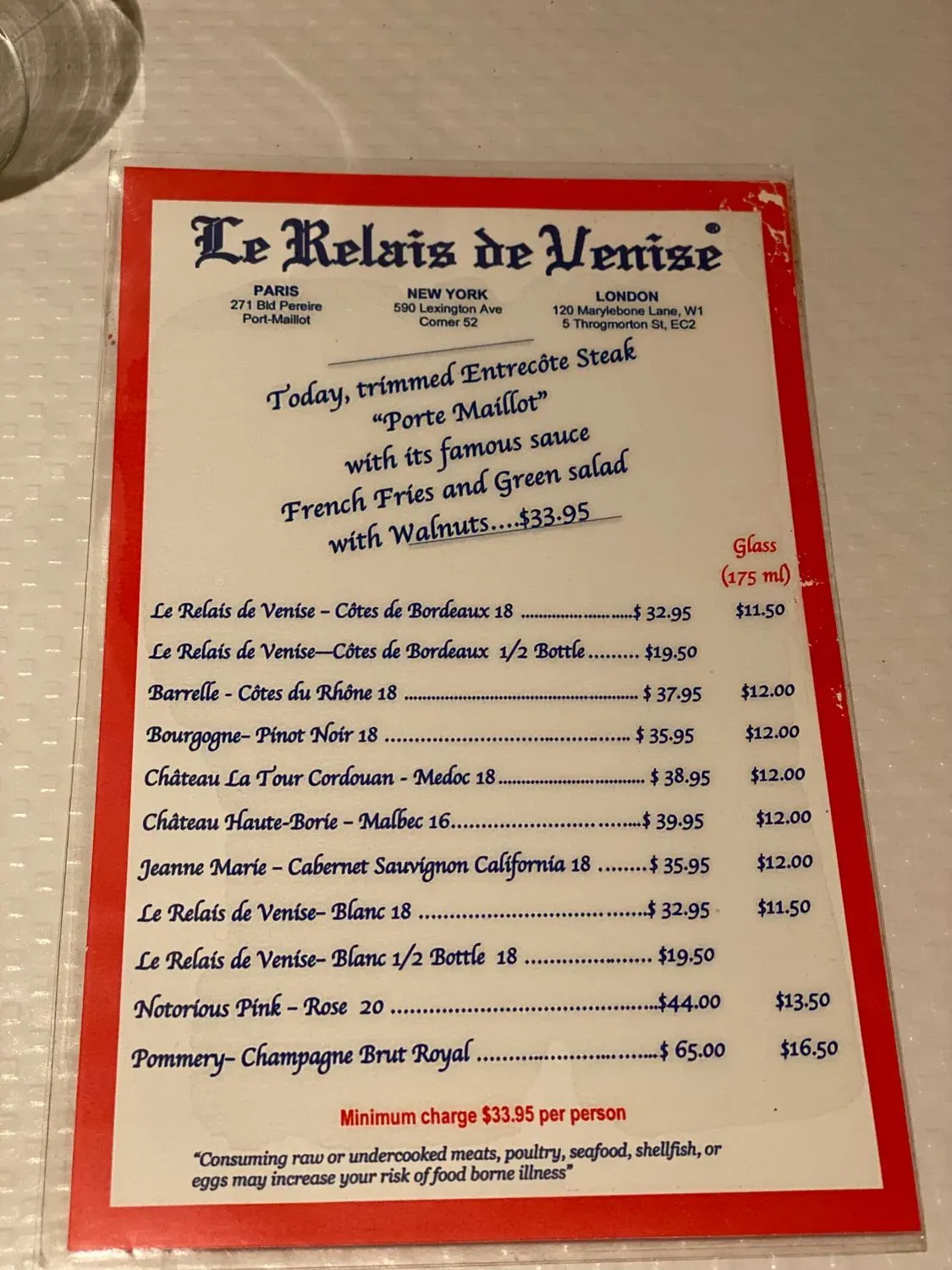 Le Relais de Venise L'Entrecôte Menu - Updated November 2025