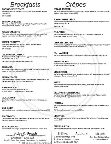 The Burrow Cafe Menu | Albuquerque, NM | Checkle
