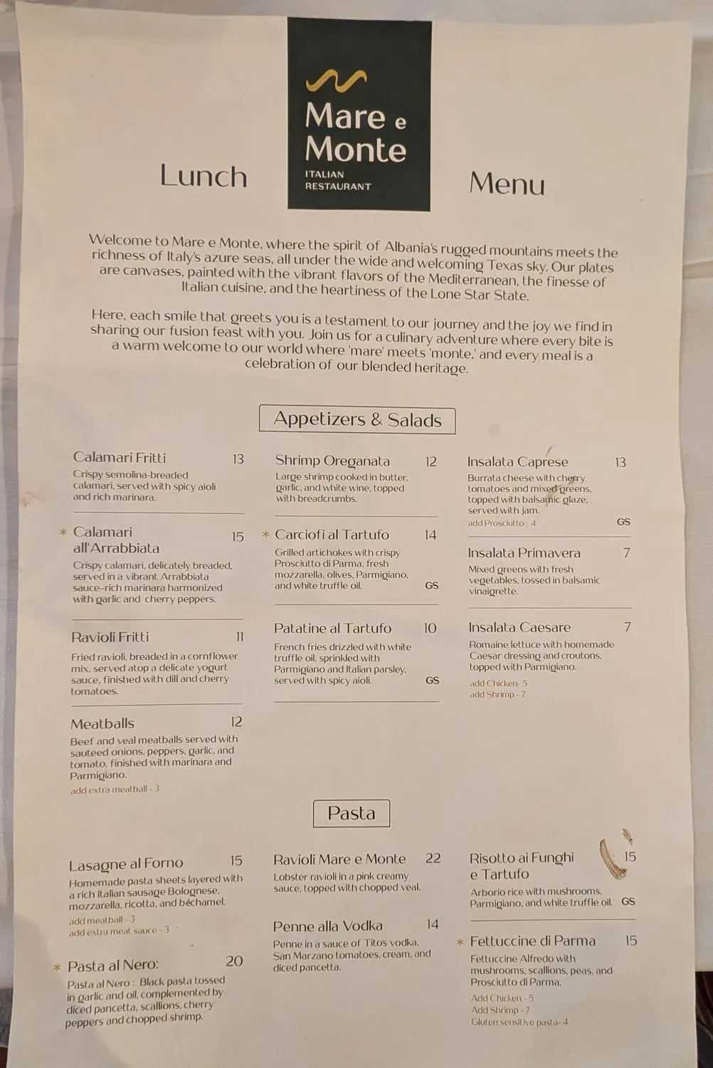 Mare E Monte Italian Restaurant (San Antonio) Menu - Updated November 2025