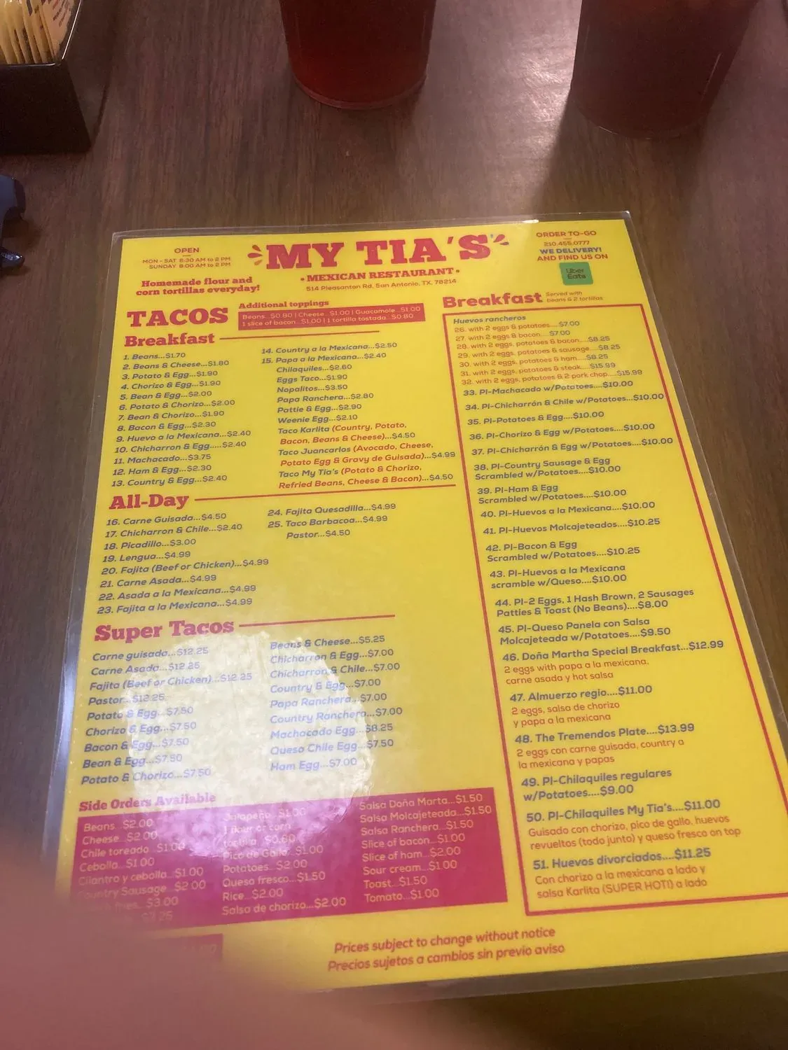 My Tia's Mexican Restaurant Menu - Updated November 2025