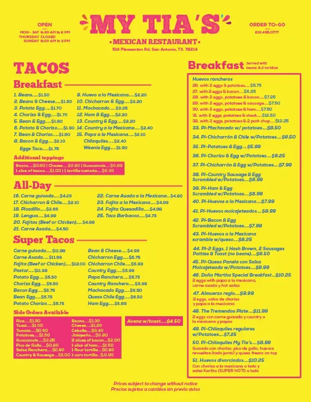 My Tia's Mexican Restaurant Menu | San Antonio, TX | Checkle