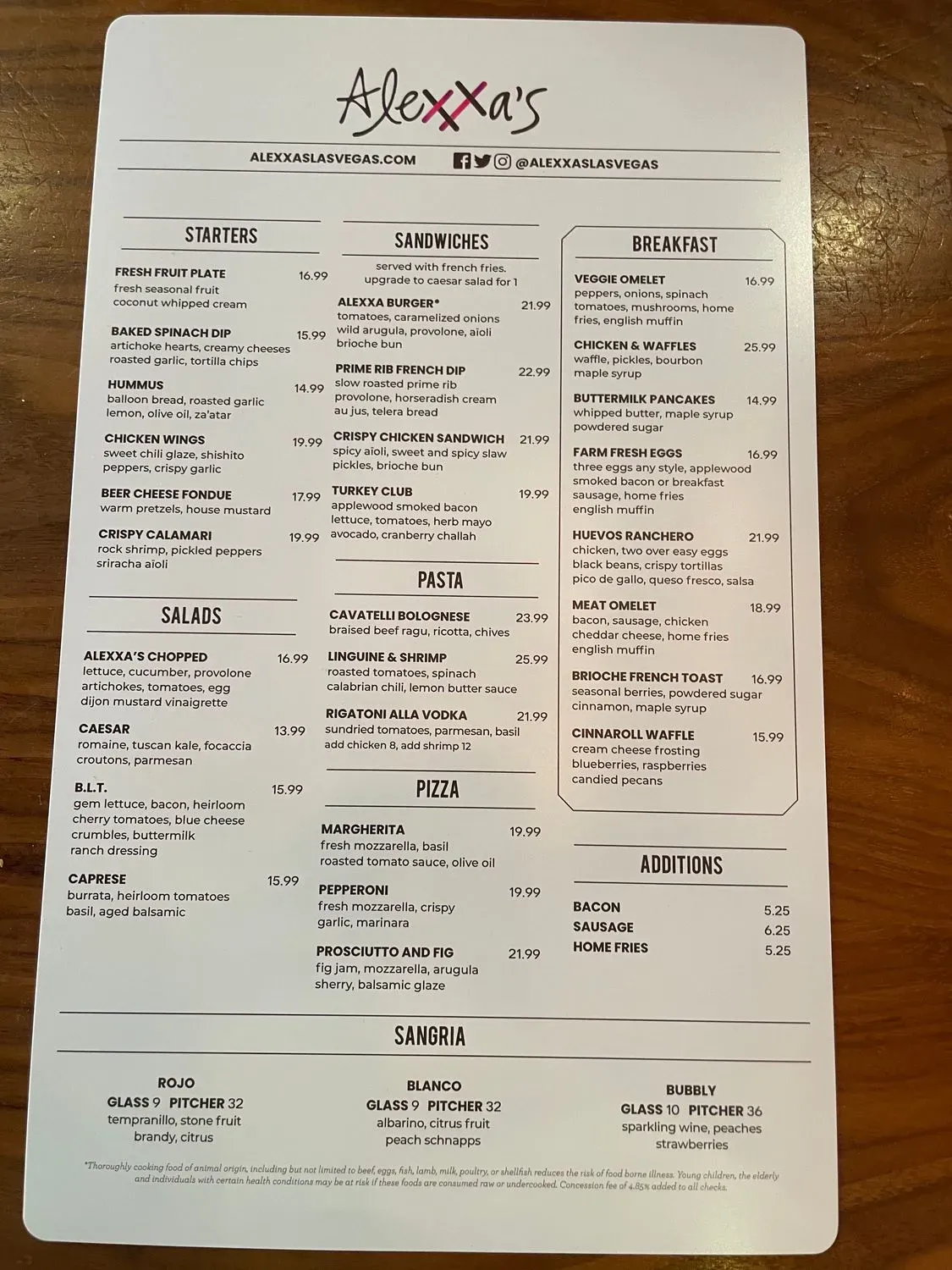 Alexxa's Menu - Updated November 2025