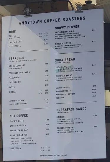 Andytown Coffee Roasters Menu | San Francisco, CA | Checkle