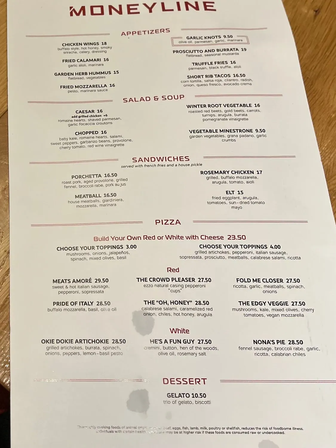 Moneyline Pizza & Bar Menu - Updated November 2025