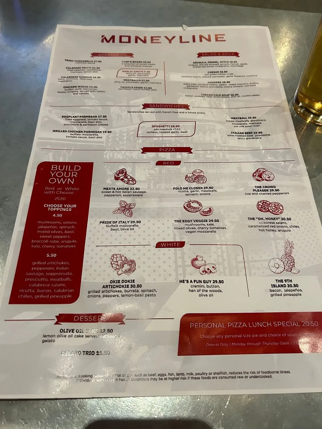 Moneyline Pizza & Bar Menu - Updated November 2025