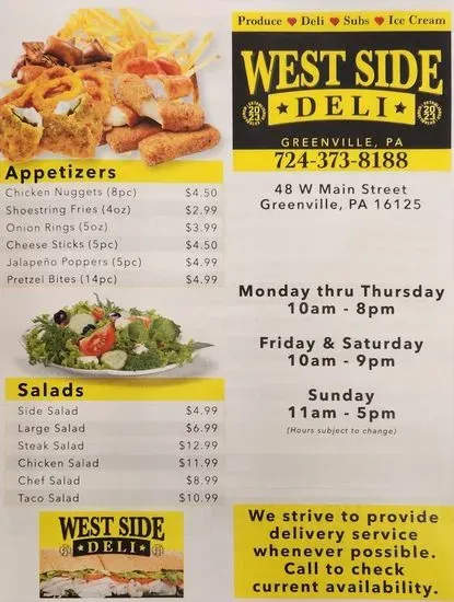 Tammy's West Side Deli Menu | Greenville, PA | Checkle
