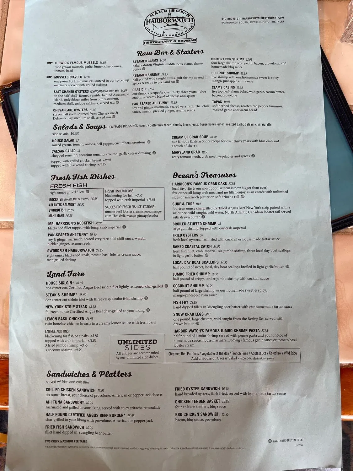 Harrison's Harbor Watch Menu - Updated November 2025