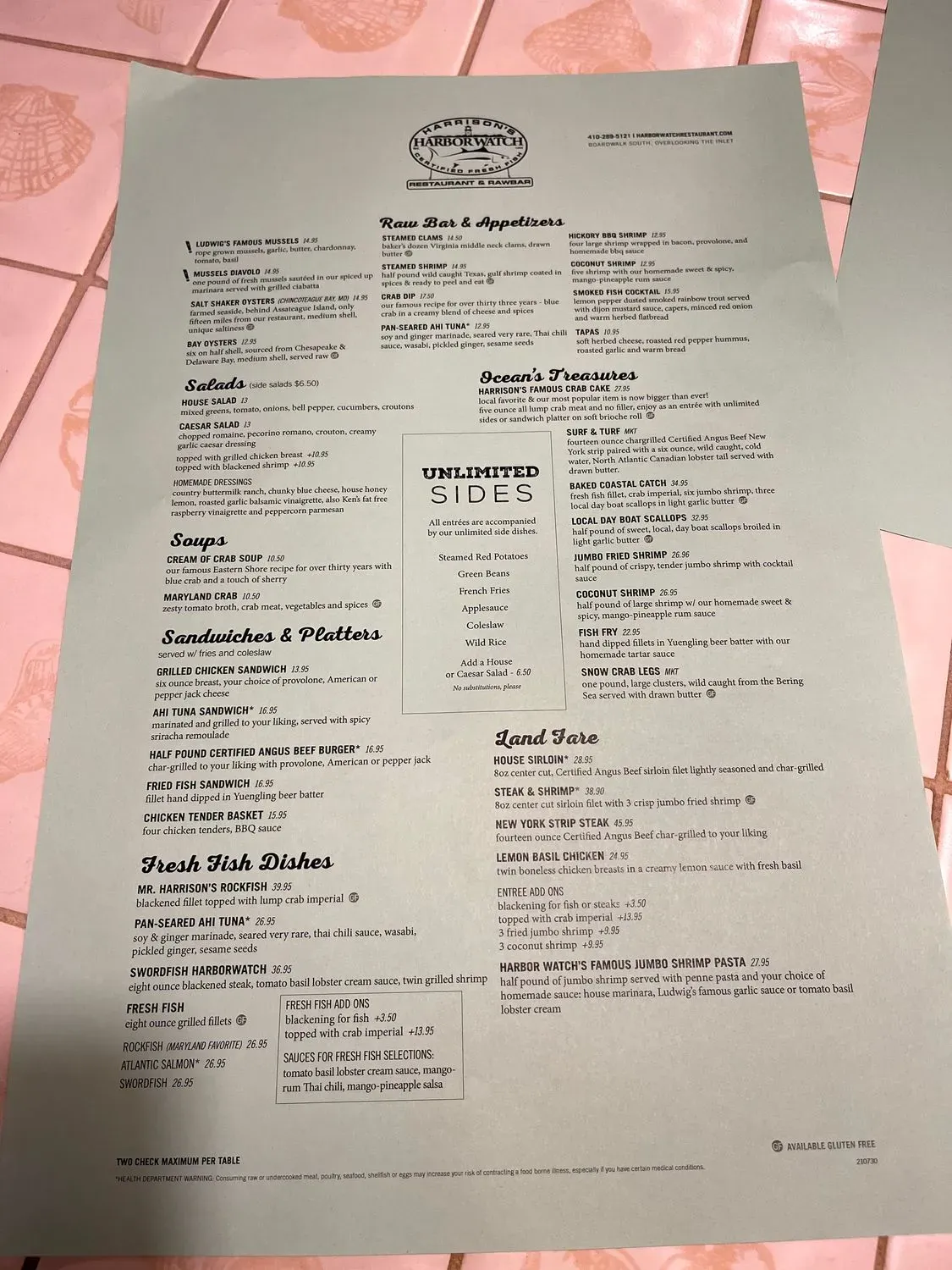 Harrison's Harbor Watch Menu - Updated November 2025