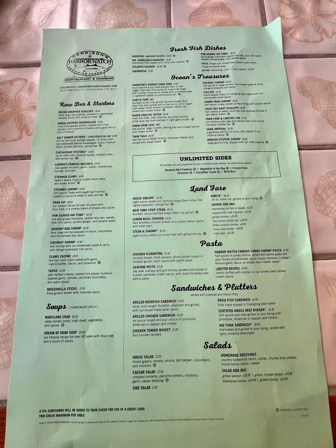 Harrison's Harbor Watch Menu - Updated November 2025
