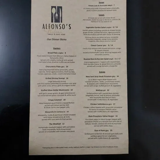 Alfonso’s Italian Grille and Event Center Menu | Lancaster, OH | Checkle