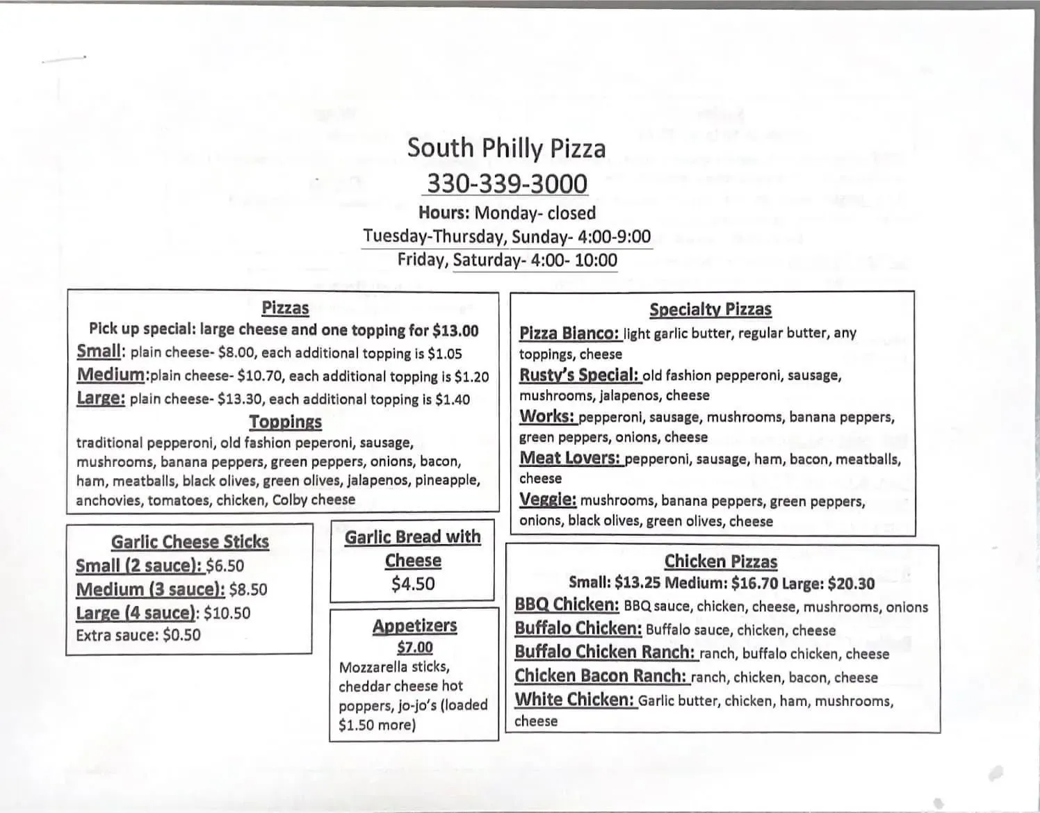 South Philly Pizza Menu - Updated November 2025