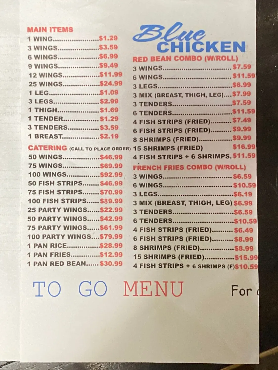 Blue Store Chicken Menu - Updated October 2025