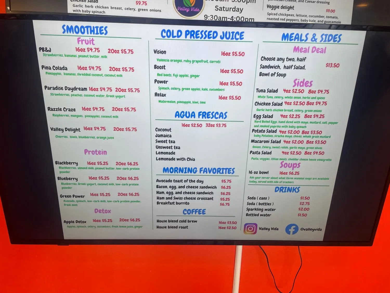 Valley Vida Menu - Updated November 2025