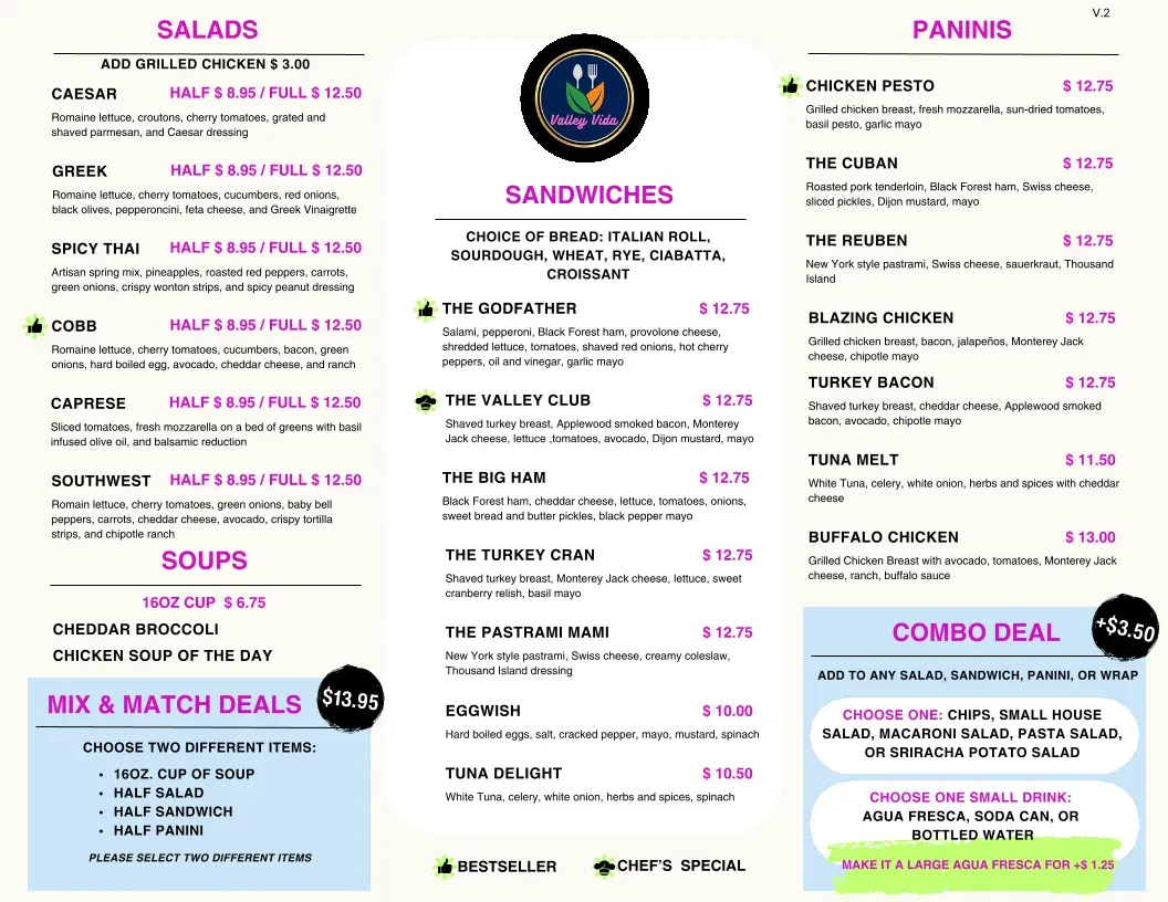 Valley Vida Menu - Updated November 2025