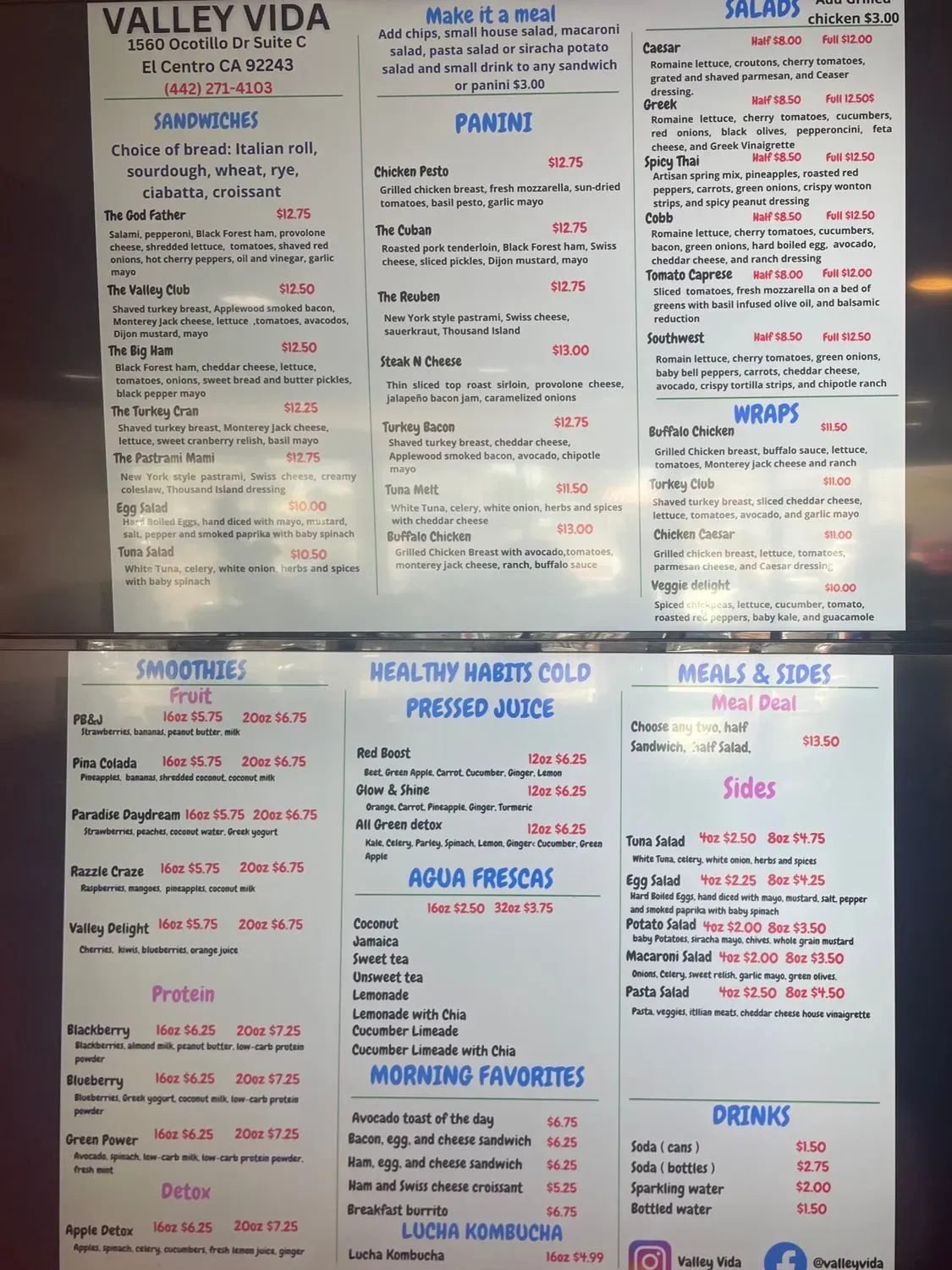 Valley Vida Menu - Updated November 2025