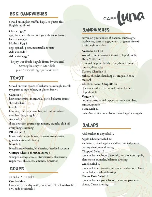 Cafe Luna Menu - Updated September 2025