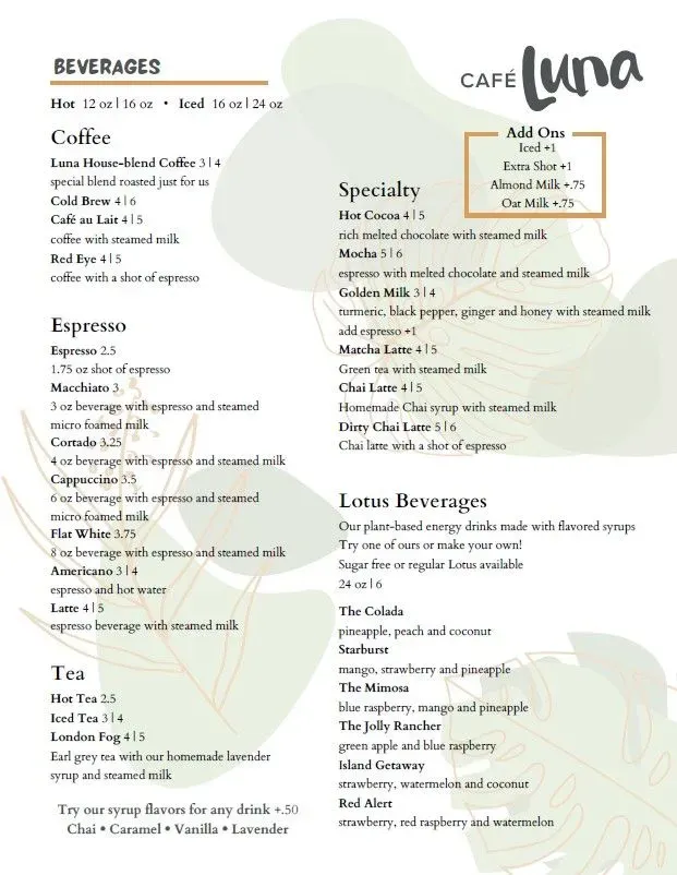 Cafe Luna Menu - Updated November 2025
