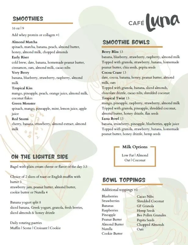 Cafe Luna Menu - Updated November 2025