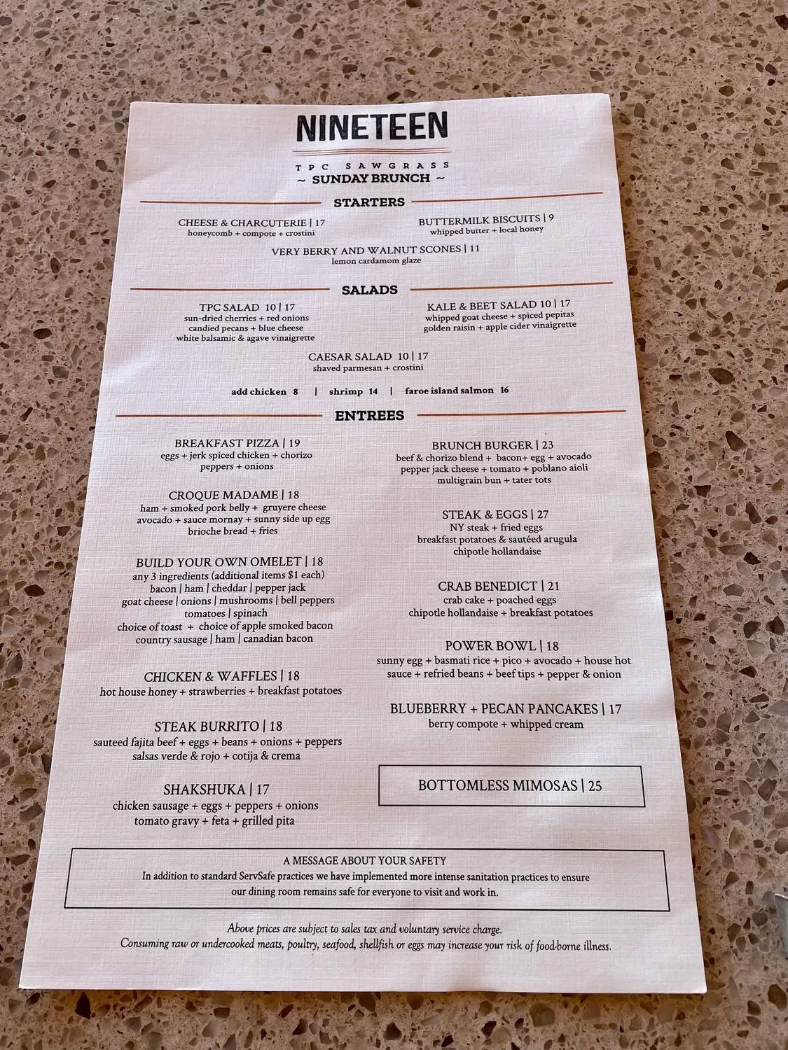 Nineteen at TPC Sawgrass Menu - Updated November 2025