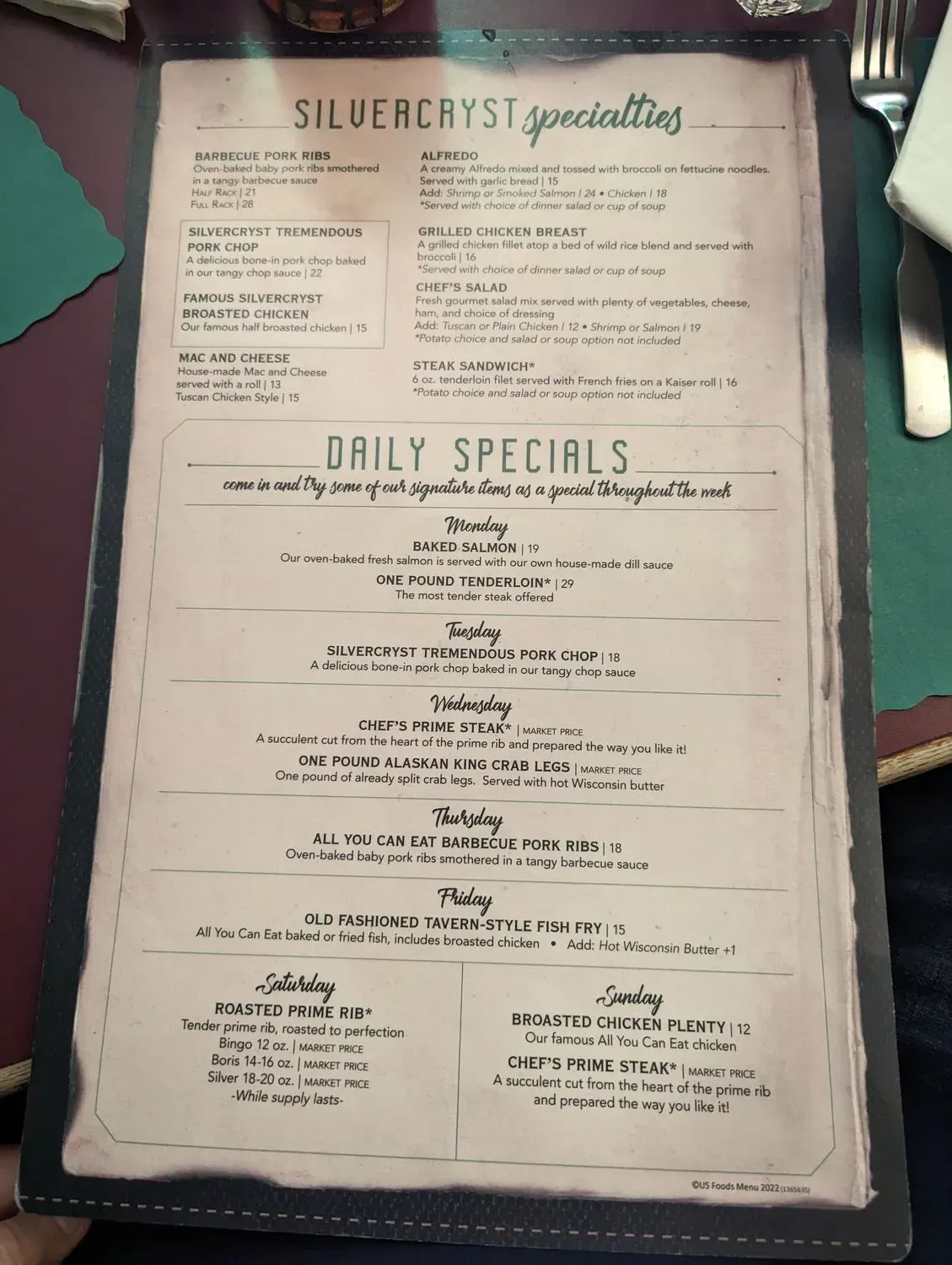 Silvercryst Supper Club Resort & Motel Menu - Updated November 2025
