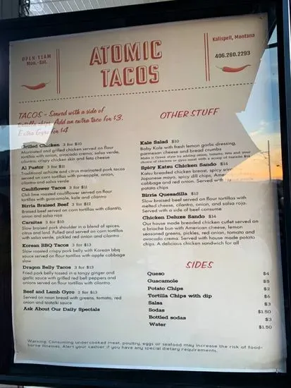 Atomic Tacos Menu - Updated November 2025