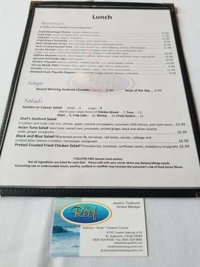The Reef Menu | St. Augustine, FL | Checkle