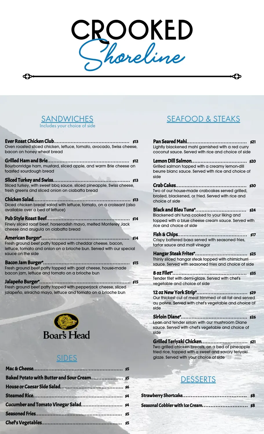 Crooked Shoreline Menu - Updated October 2025