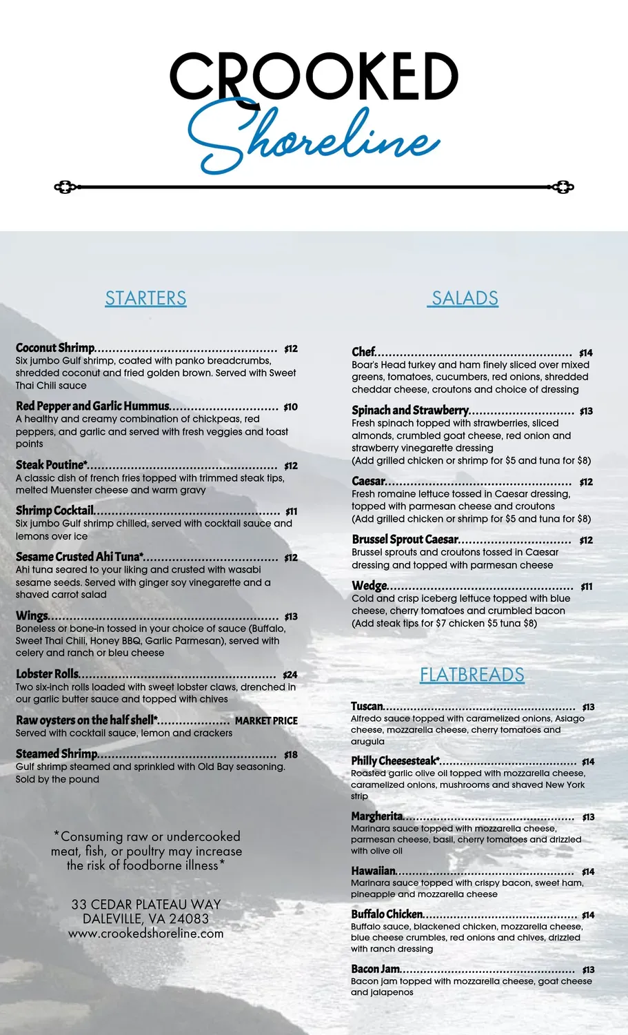 Crooked Shoreline Menu - Updated October 2025