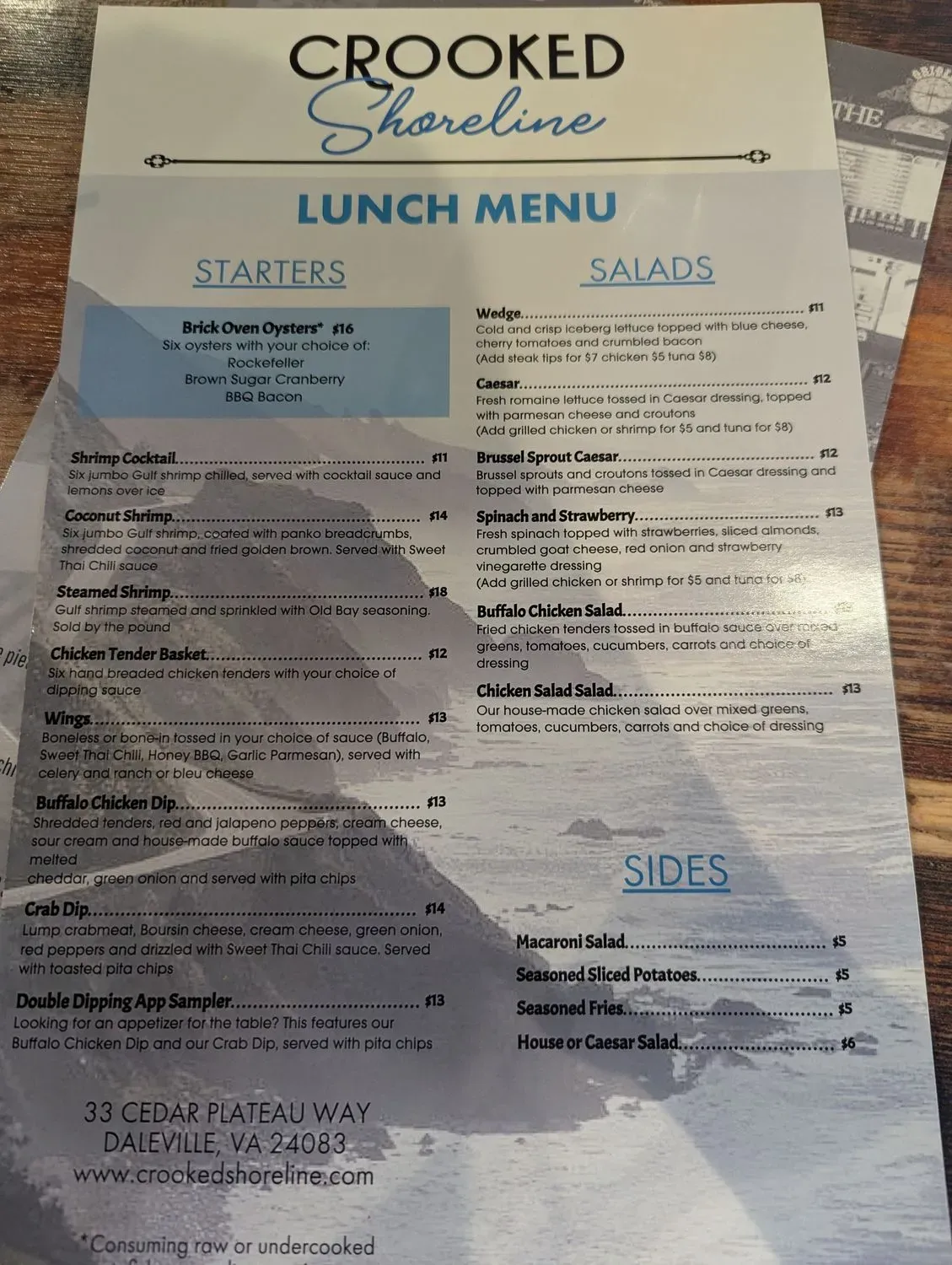 Crooked Shoreline Menu - Updated October 2025