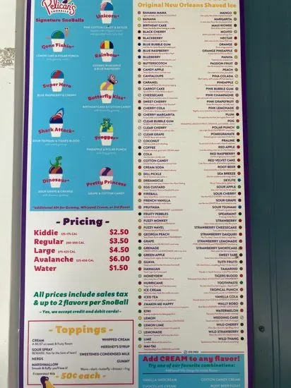 Pelican’s SnoBalls Menu | Mandeville, LA | Checkle