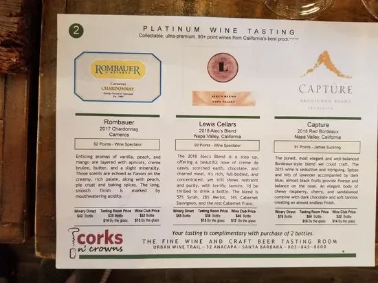 Corks n' Crowns Tasting Room and Wine Sales Menu | Santa Barbara, CA ...