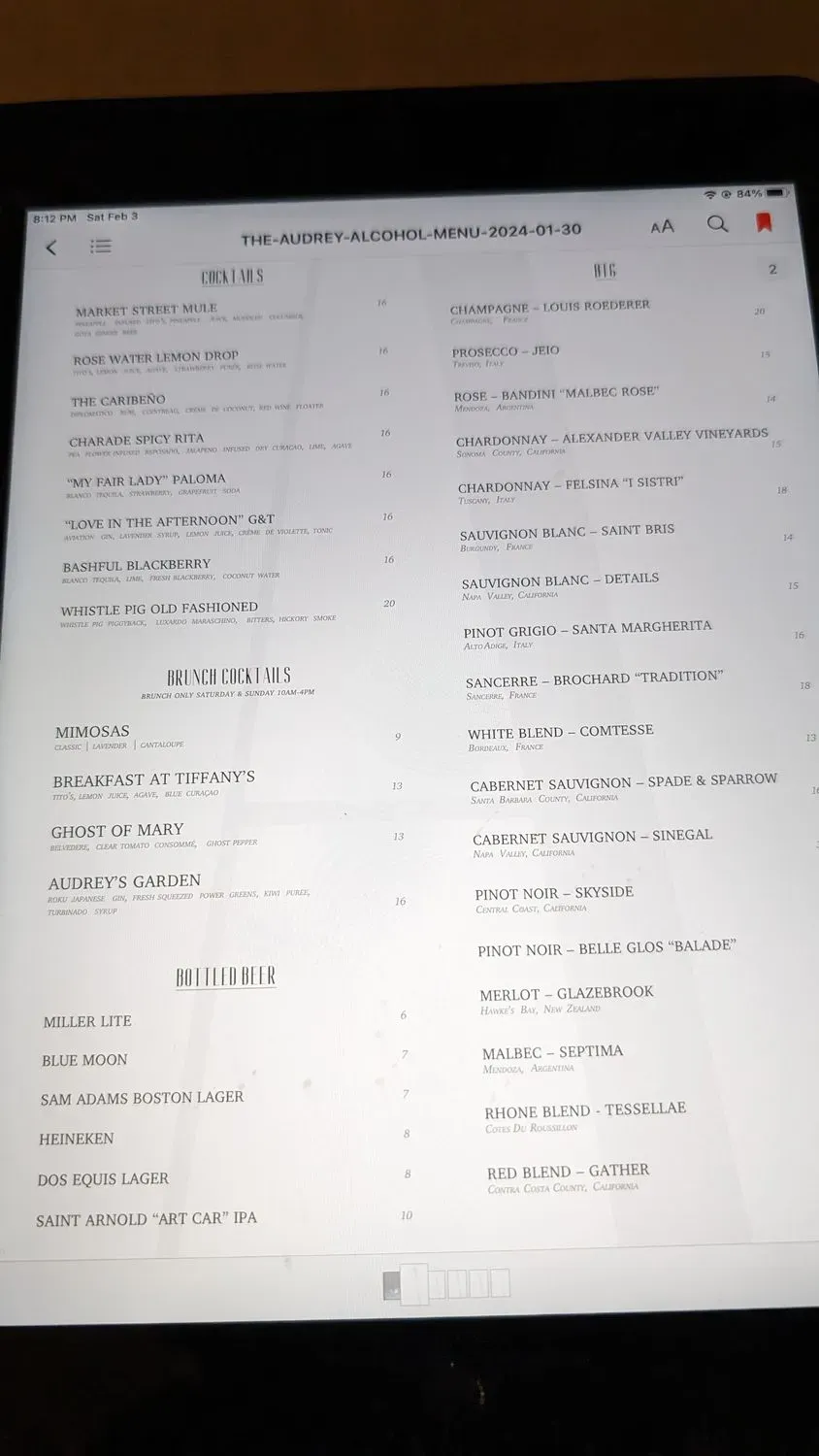 The Audrey Restaurant & Bar Menu - Updated October 2025