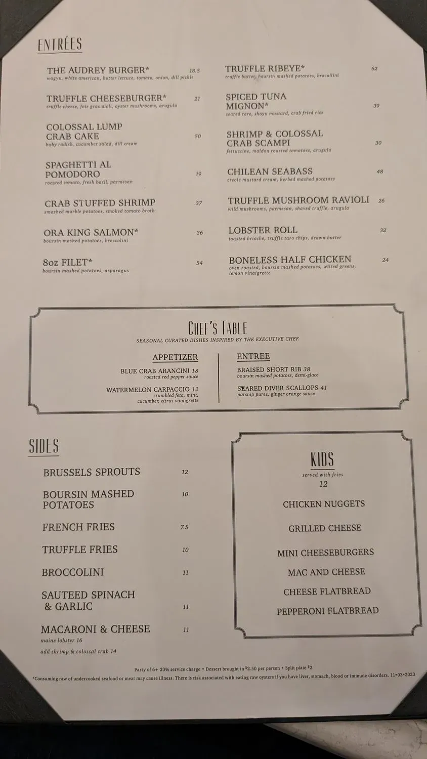 The Audrey Restaurant & Bar Menu - Updated October 2025