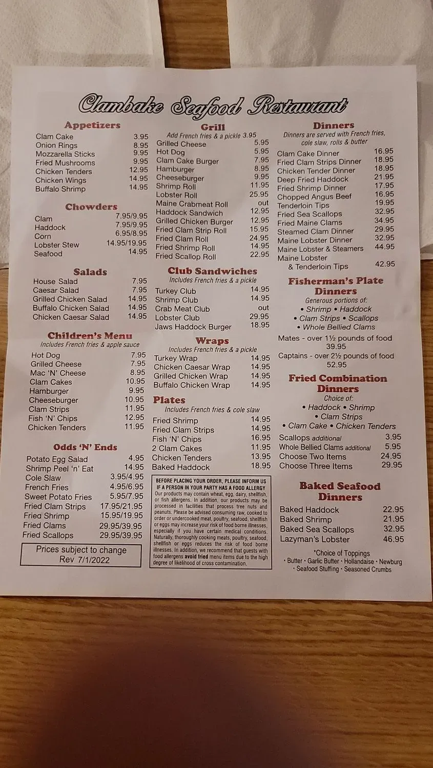 Clambake Seafood Restaurant Menu - Updated November 2025