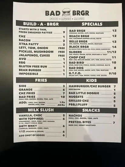 BAD BRGR Menu | Manchester, NH | Checkle