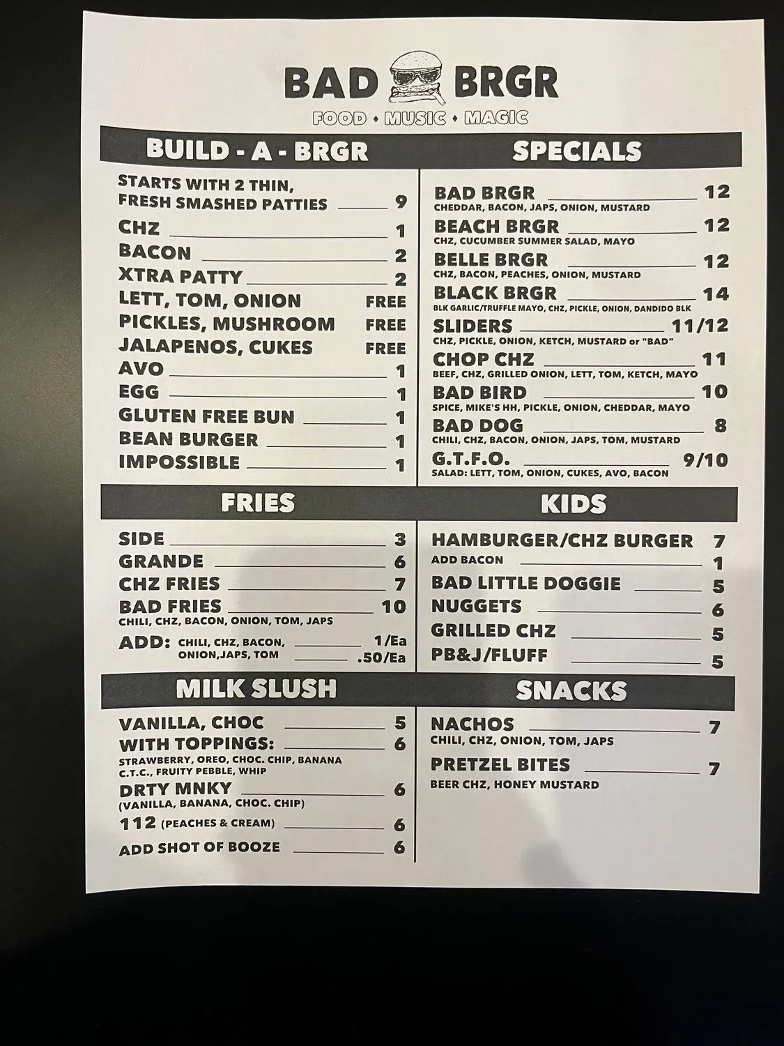 BAD BRGR Menu - Updated November 2025