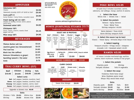 Amazing Momo Menu | Minneapolis, MN | Checkle