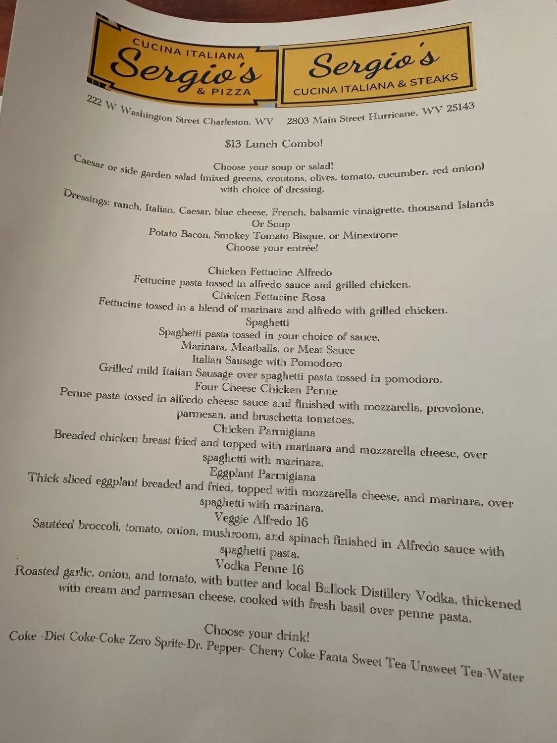 Sergio’s Cucina Italiana & Pizza Menu | Charleston, WV | Checkle