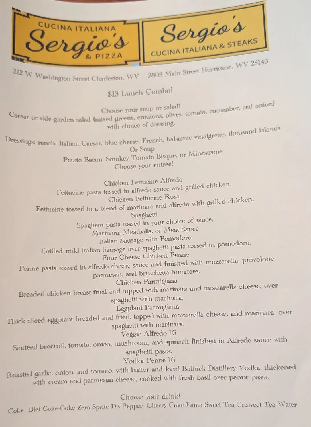 Sergio’s Cucina Italiana & Pizza Menu - Updated November 2025